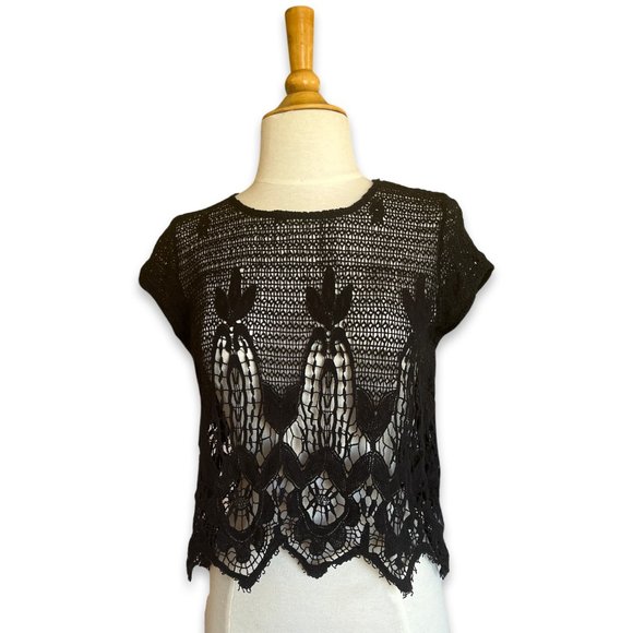 Monteau | Tops | Monteau Black Crocheted Cap Sleeve Cropped Top | Poshmark